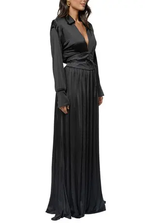 JLUXLABEL Collared Long Sleeve Satin Gown - Black