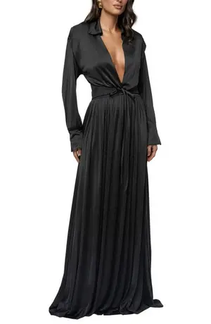 JLUXLABEL Collared Long Sleeve Satin Gown - Black