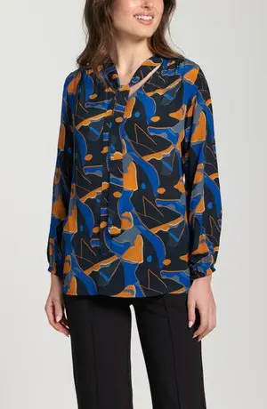 APNY Print Tassel Tie Neck Top - Blue Multi