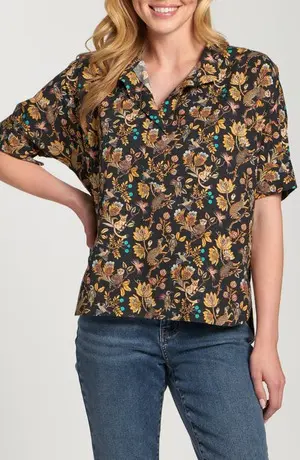 APNY Floral Print Popover Top - Black Multi