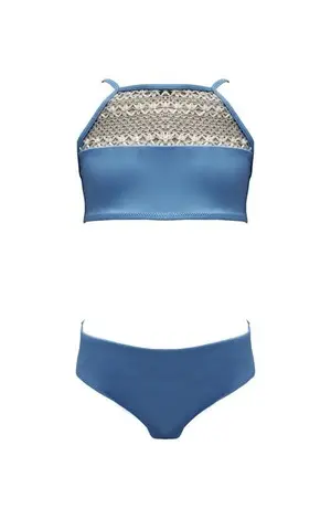 NESSI BYRD Boho-chic Crochet Yoke High Neck Two Piece Bikini - Blue