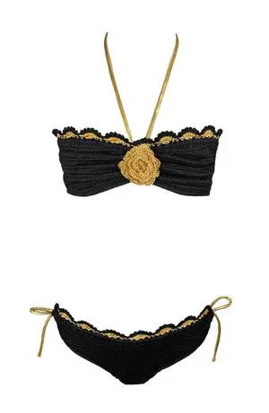 NESSI BYRD Bandeau Bikini With Crochet Trim And Hand-knitted Rose Detail - Black