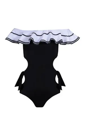 NESSI BYRD Off-shoulder Ruffled One-piece Swimsuit - Black