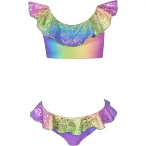 NESSI BYRD Shimmering Shell-patterned Ruffled Boat Neck Two Piece Bikini - Multicolor