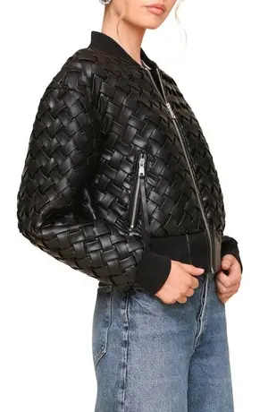Avec Les Filles Weave Crop Faux Leather Bomber Jacket