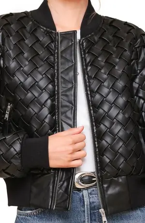 Avec Les Filles Weave Crop Faux Leather Bomber Jacket
