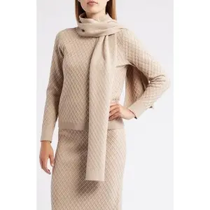 Anne Klein Diamond Stitch Scarf Mock Neck Sweater - Latte