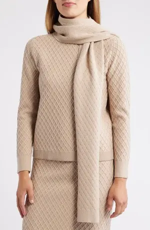 Anne Klein Diamond Stitch Scarf Mock Neck Sweater - Latte