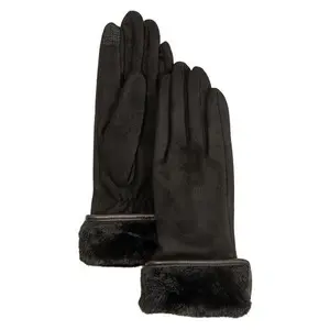 Echo Stretch Suede Fold-up Faux Fur Cuff Gloves - Black