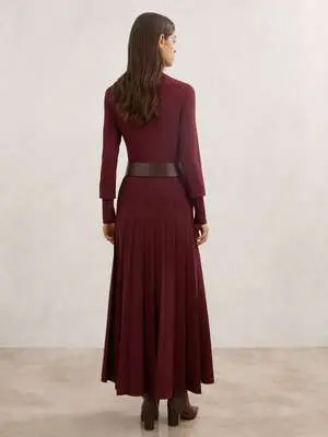 REISS Alicia Belted Knit Pleated Midi Dress