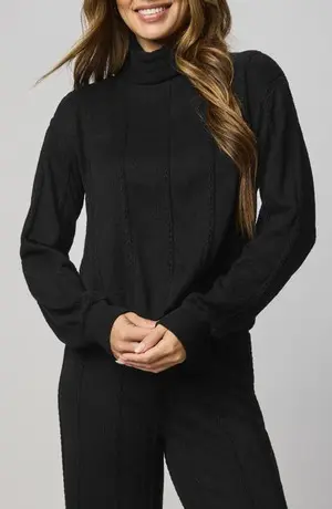 Splendid Cable Lounge Turtleneck Top - Black