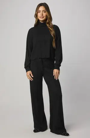 Splendid Cable Lounge Turtleneck Top - Black