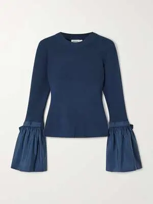 Simkhai Agata Taffeta-trimmed Ribbed-knit Sweater - Navy