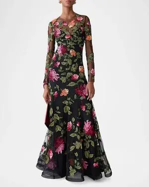Carolina Herrera Floral-embroidered Tulle Gown - Black Multi