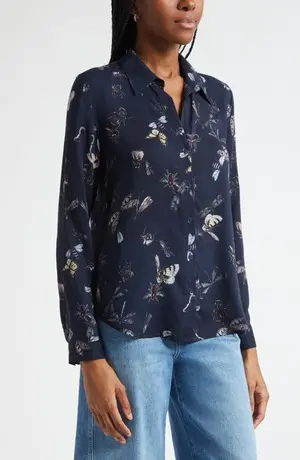 L'Agence Holly Butterfly Print Button-up Shirt - Midnight Multi Beetles