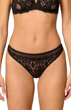 Simone Perele Embroidered Lace Trim Tulle Tanga Thong - Black