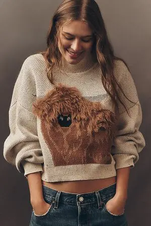 Avec Les Filles Highland Cow Pullover Sweater