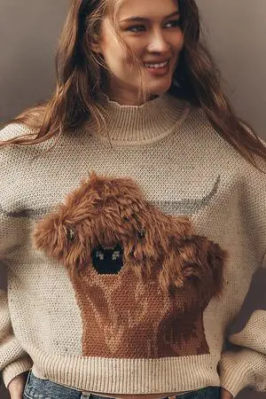 Avec Les Filles Highland Cow Pullover Sweater