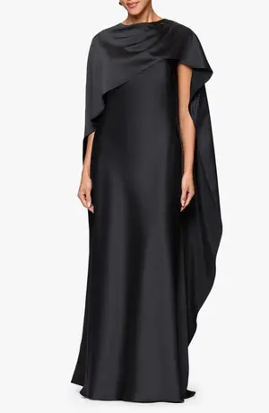 XSCAPE EVENINGS Cape Overlay Satin Gown - Black