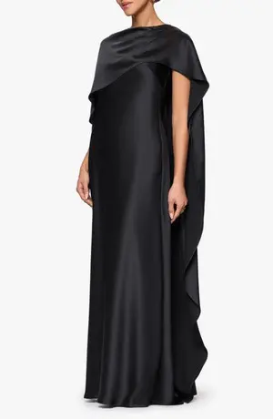 XSCAPE EVENINGS Cape Overlay Satin Gown - Black