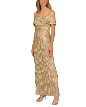 Aidan Mattox Beaded Off-the-shoulder Gown