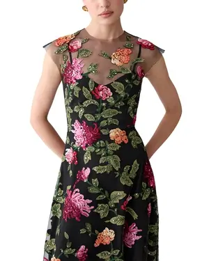 Carolina Herrera Embroidered Cap Sleeve Midi Dress