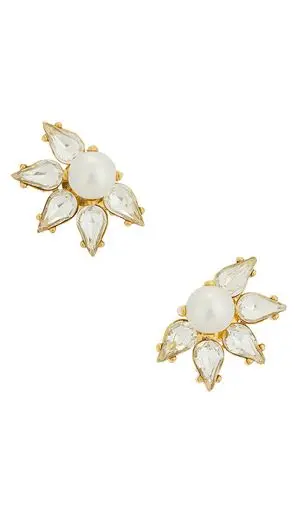 ANTON HEUNIS Omega Clasp Flower Motif Stud Earrings - Cream  Crystal  & Gold