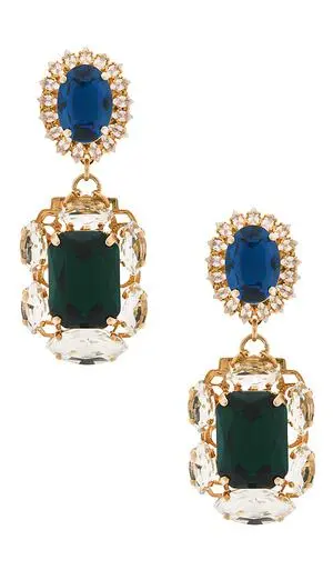 ANTON HEUNIS Omega Clasp With Square Pendant Earrings - Blue  Green  Crystal  & Gold
