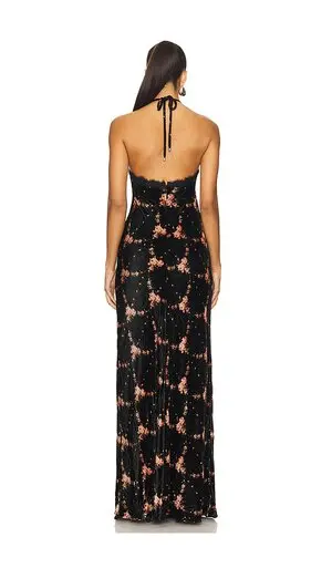 Cara Cara Velvet Floral Print Halterneck Maxi Dress With Side Slit