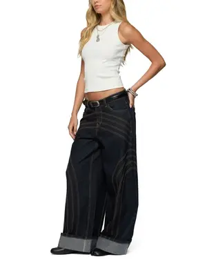 EDIKTED Cuffed Low Rise Wide Leg Jeans - Indigo-blue-raw-washed