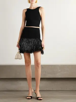 Aje Agave Fringed Raffia-trimmed Ribbed-knit Mini Skirt