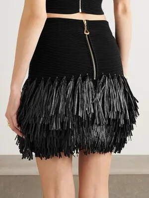 Aje Agave Fringed Raffia-trimmed Ribbed-knit Mini Skirt