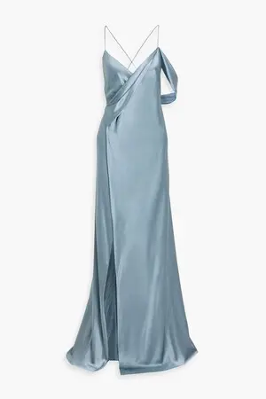 Michelle Mason Draped Silksatin Wrap Gown - Slate Blue