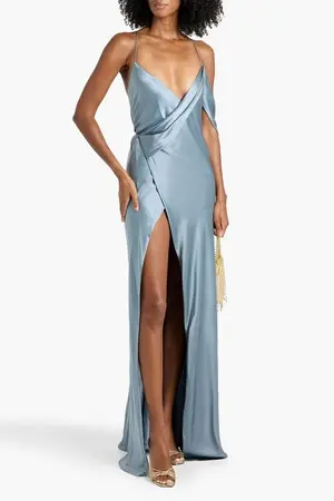 Michelle Mason Draped Silksatin Wrap Gown - Slate Blue