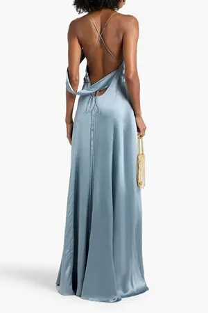 Michelle Mason Draped Silksatin Wrap Gown - Slate Blue