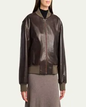 THE ROW Morisel Leather Bomber Jacket - Coffee