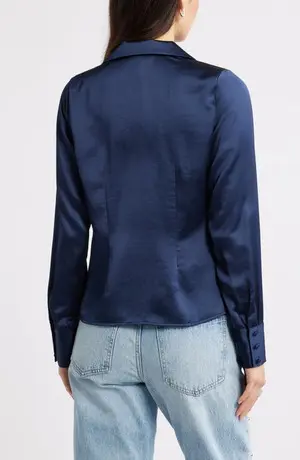 OPEN EDIT Satin Button-up Shirt - Navy Iris