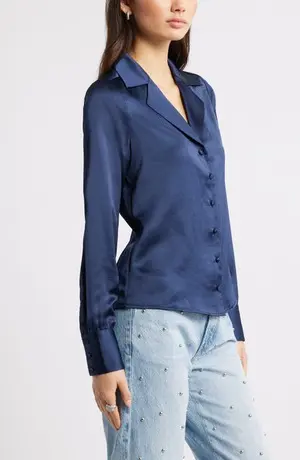 OPEN EDIT Satin Button-up Shirt - Navy Iris