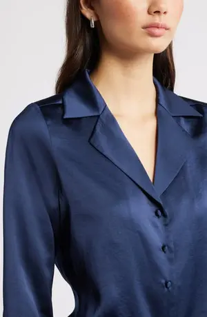 OPEN EDIT Satin Button-up Shirt - Navy Iris