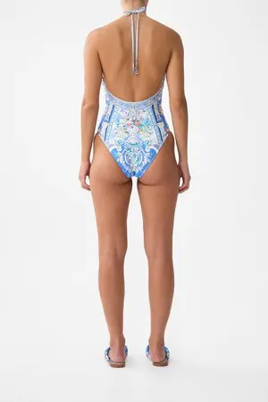 Camilla Diamond Neck Halter One Piece With U Ring Front