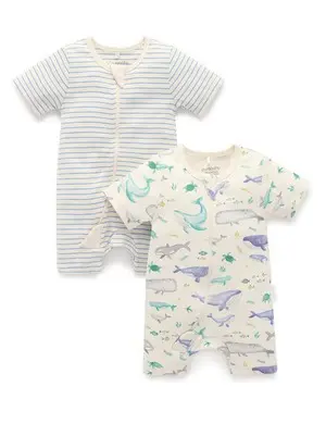PUREBABY 2-pack Short Sleeve Zip Romper - Whale Print