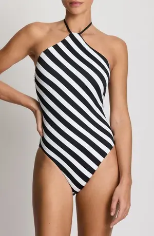 Ralph Lauren High Neck Striped One-piece Swimsuit - Black/white