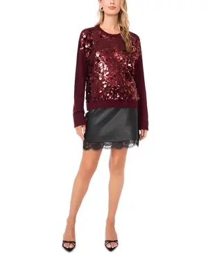 Vince Camuto Mixed Media Paillette Front Sweater - Wine