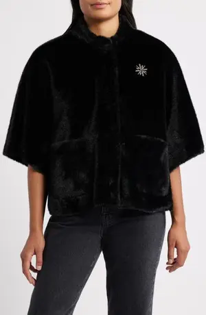 Wit & Wisdom Faux Fur Capelet With Crystal Brooch - Black