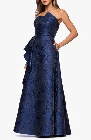 XSCAPE EVENINGS Metallic Brocade Asymmetric Strapless Gown
