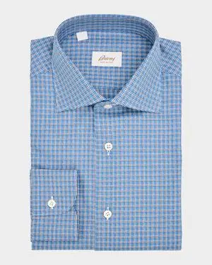 Brioni Petite-check Cotton Point-collar Dress Shirt Bluette/na