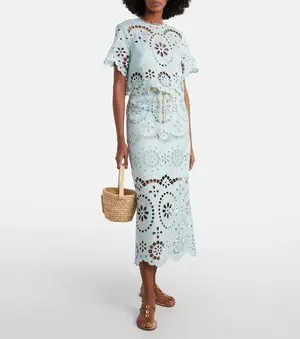 Zimmermann Awaken Embroidered Linen Midi Skirt - Blue