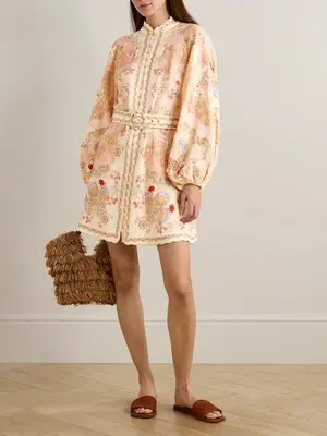 Zimmermann Daylight Belted Scalloped Printed Linen Mini Dress