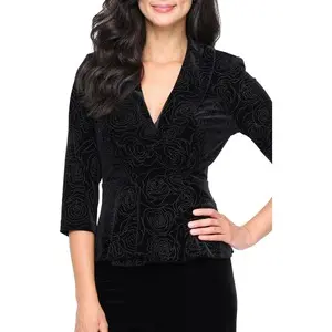Alex Evenings Beaded Velvet Wrap Front Top - Black