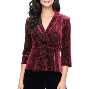 Alex Evenings Beaded Velvet Wrap Front Top - Wine